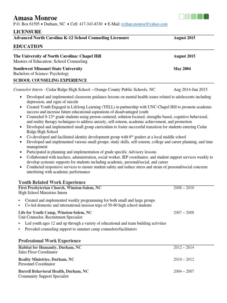 North Carolina School Counselor Resume | PDF | Self-Improvement
