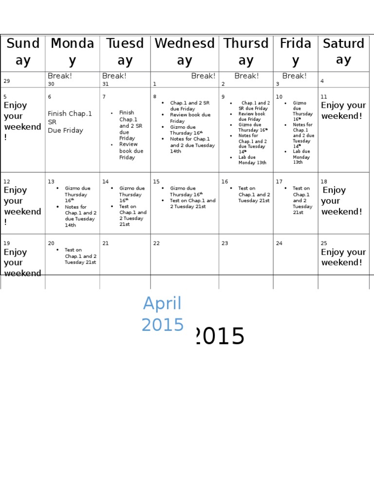 April 2015 Weekly Schedule & Deadlines | PDF