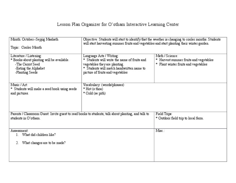 Lesson Plan Organizer For O'otham Interactive Learning Center | PDF ...