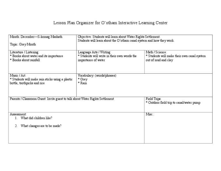 Lesson Plan Organizer For O'otham Interactive Learning Center | PDF ...