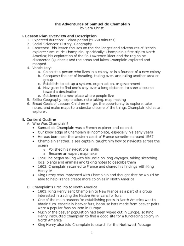 Champlain Lesson Plan | PDF | New France | Fur Trade