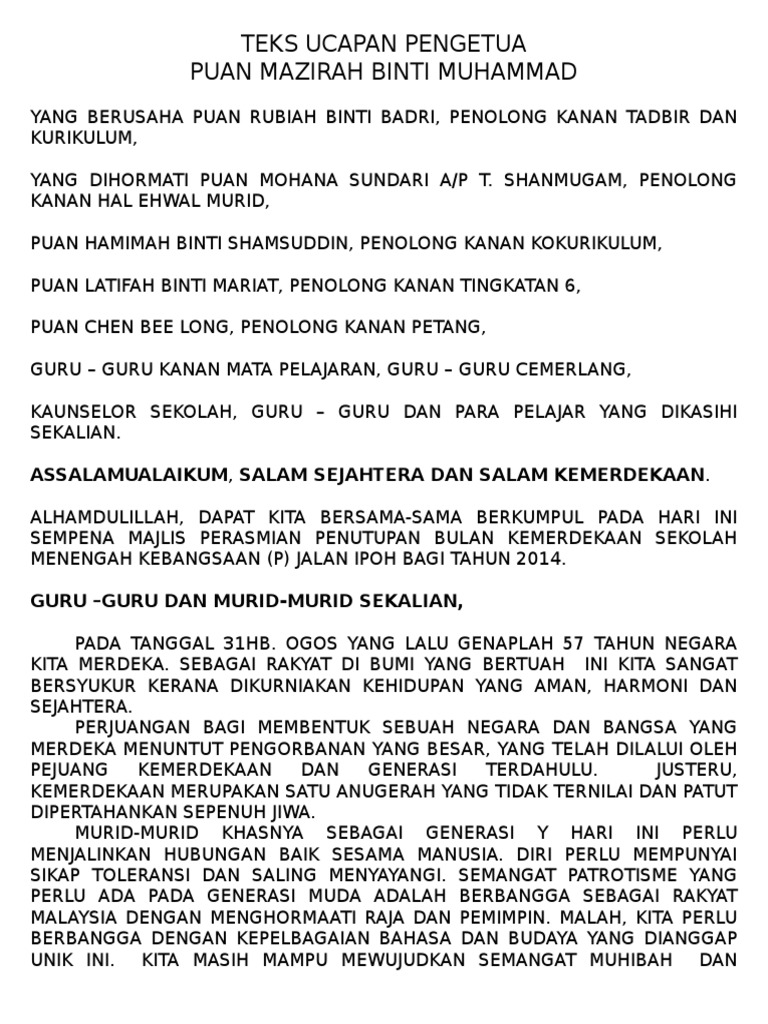 Teks Ucapan Pengetua Penutupan Merdeka | PDF