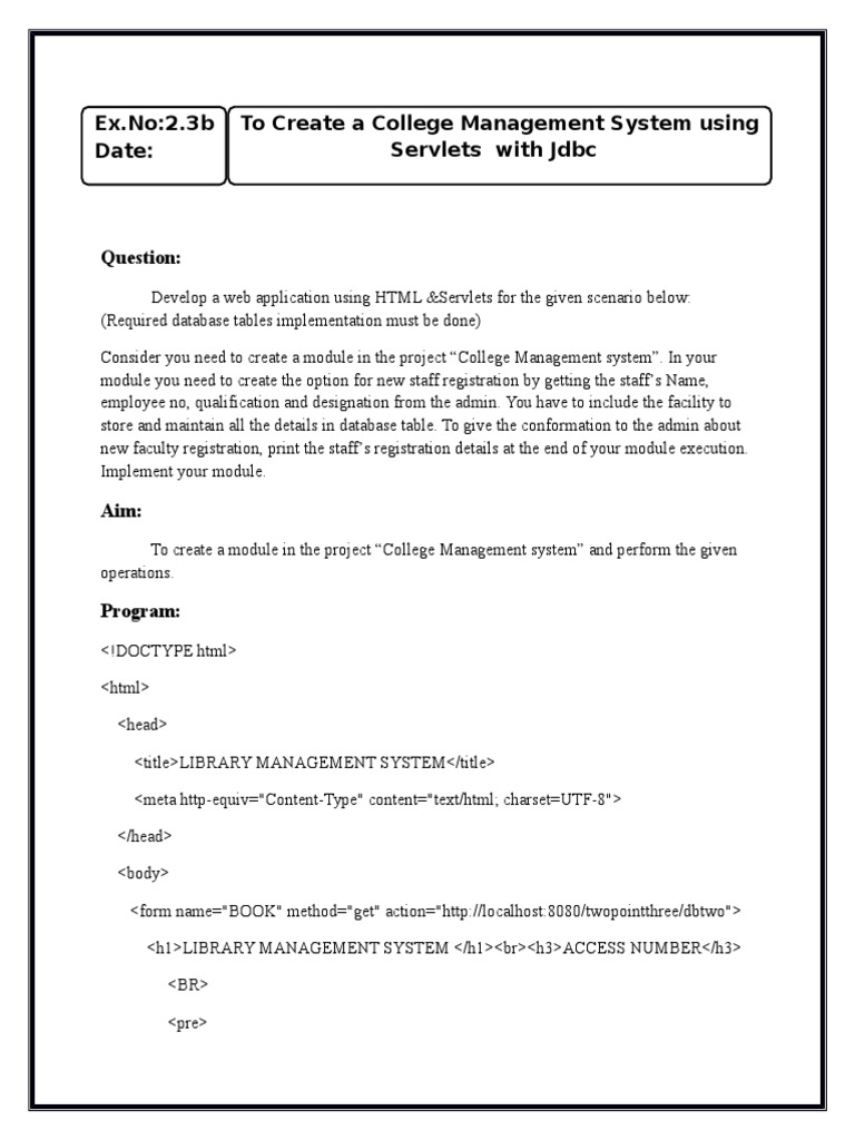 To Create A College Management System Using Servlets With JDBC Ex - No:2.3b Date | PDF | Java ...