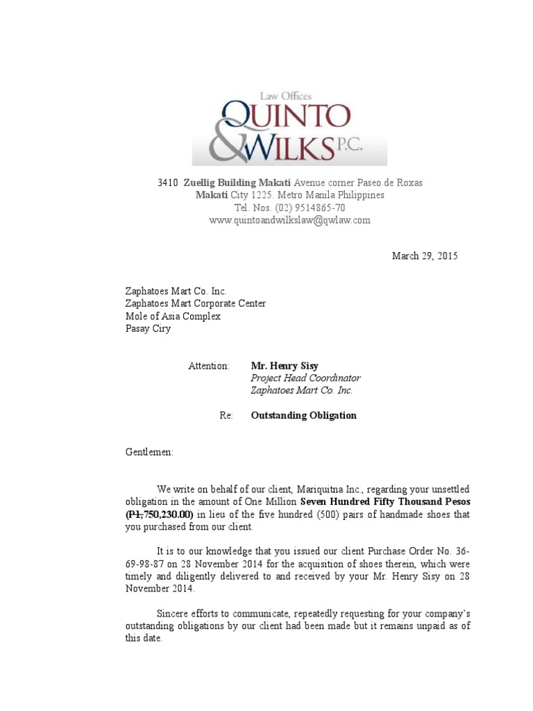 Demand Letter For Outstanding Obligation | PDF