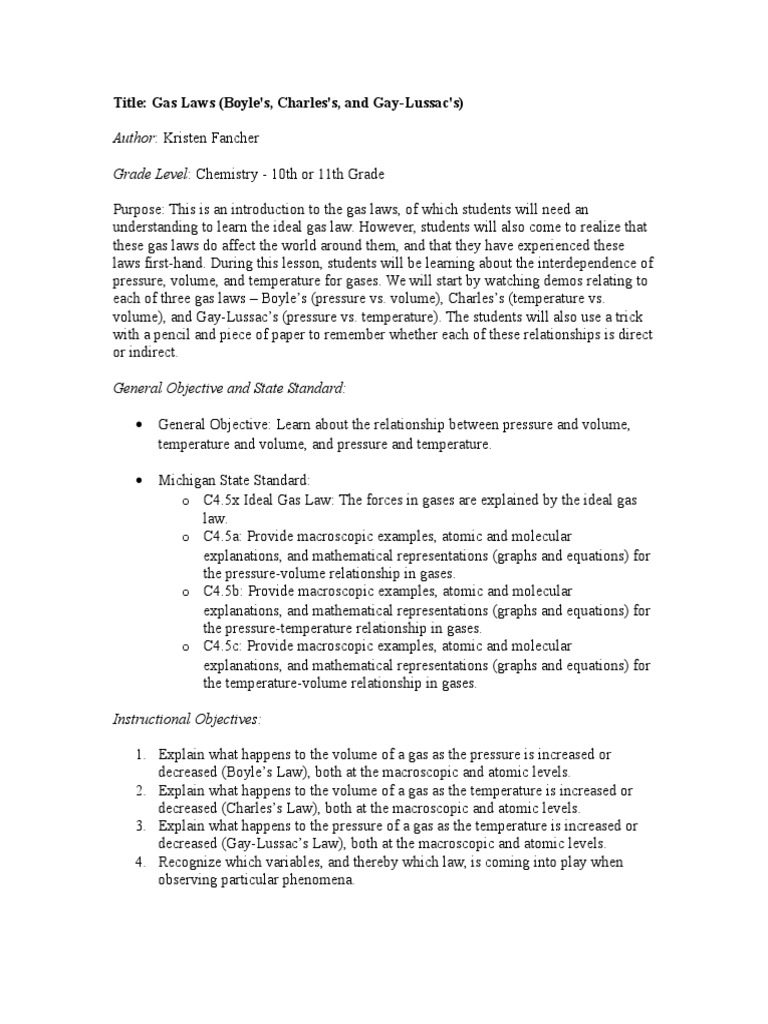 Lesson Plan - Gas Laws - Highlighted | PDF | Gases | Physical Universe