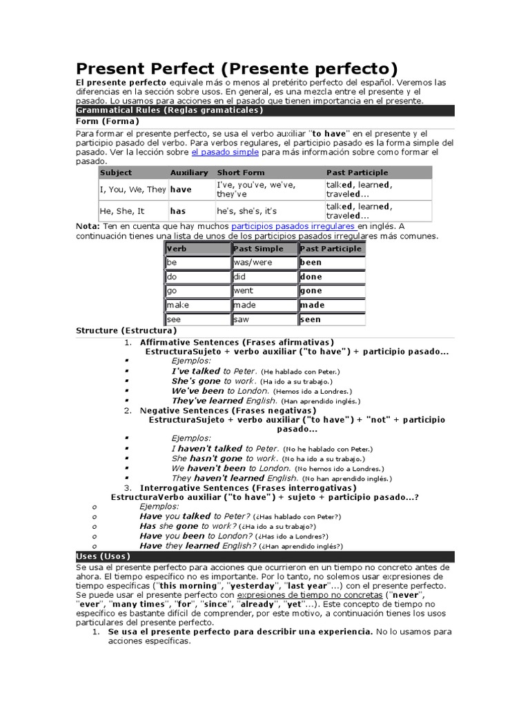 Present Perfect | PDF | Verbo | Reglas