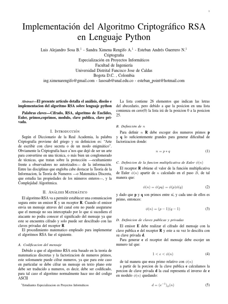 Implementaci On Del Algoritmo Criptogr Afico RSA en Lenguaje Python | PDF | Clave (criptografía ...