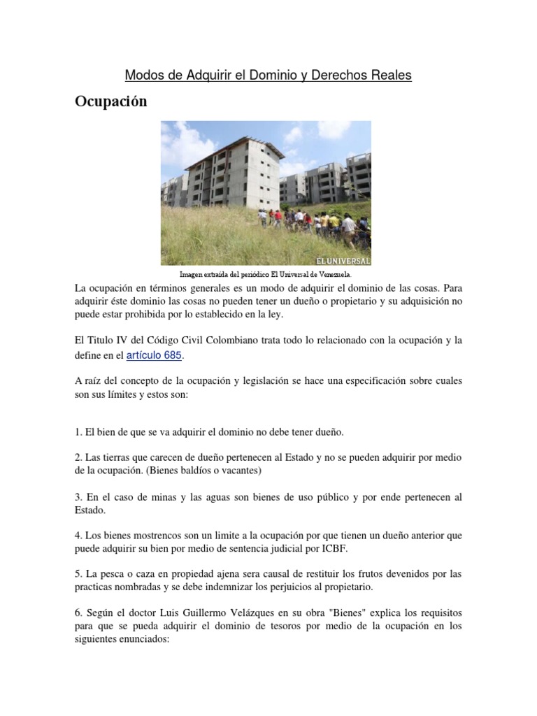 Modos de Adquirir Dominio y Derechos Reales | PDF | Posesión (Ley ...