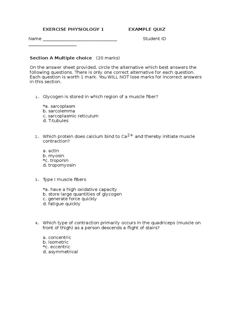 Exercise Physiology 1 Example Quiz (With Answers) | PDF | Muscle ...