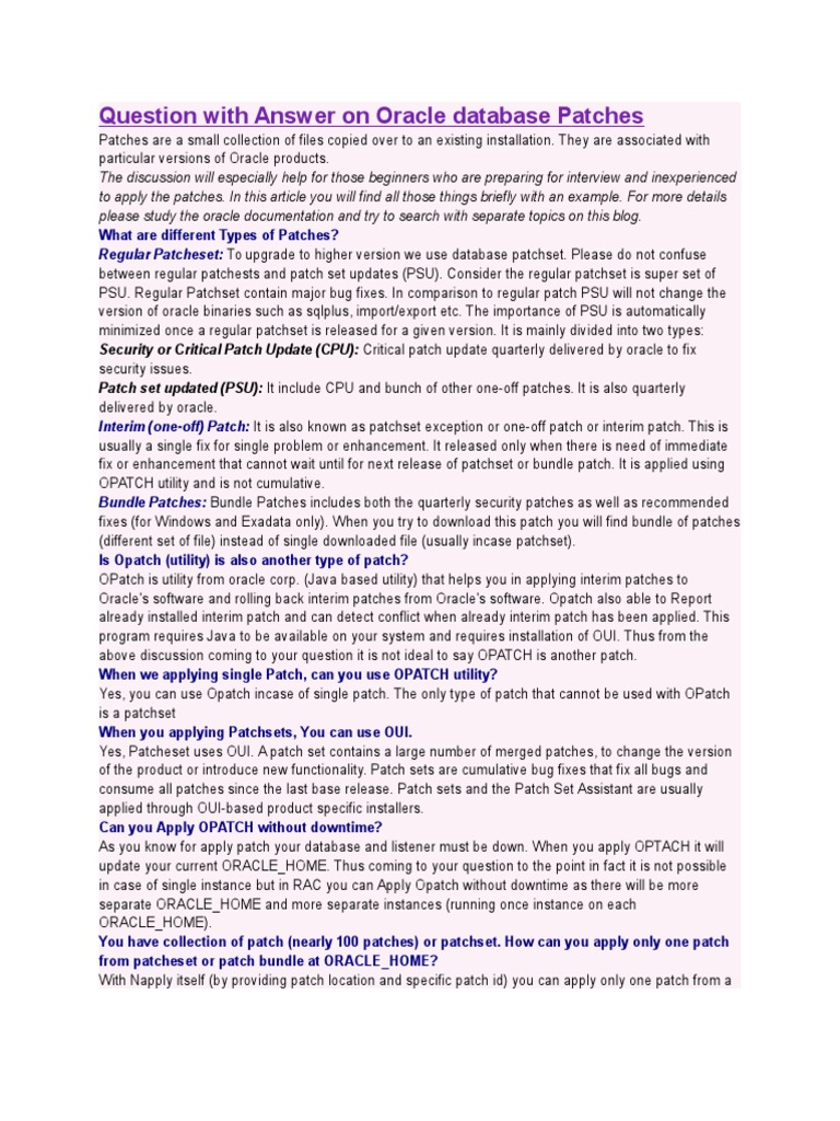 Question With Answer On Oracle Database Patches Pdf Oracle Database Backup