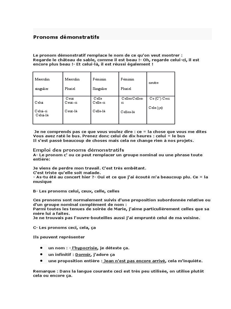 Guide des pronoms démonstratifs en français | PDF | Pronom | Genre ...