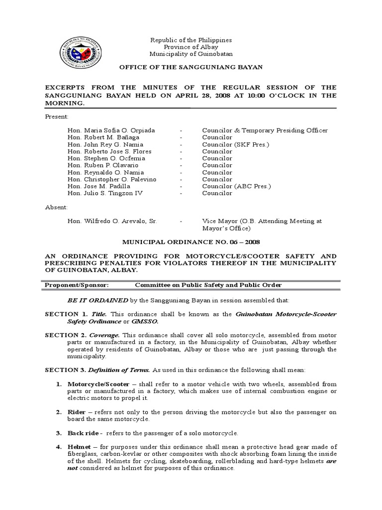 Municipal Ordinance No. 06-2008 | PDF | Motorcycle | Driving
