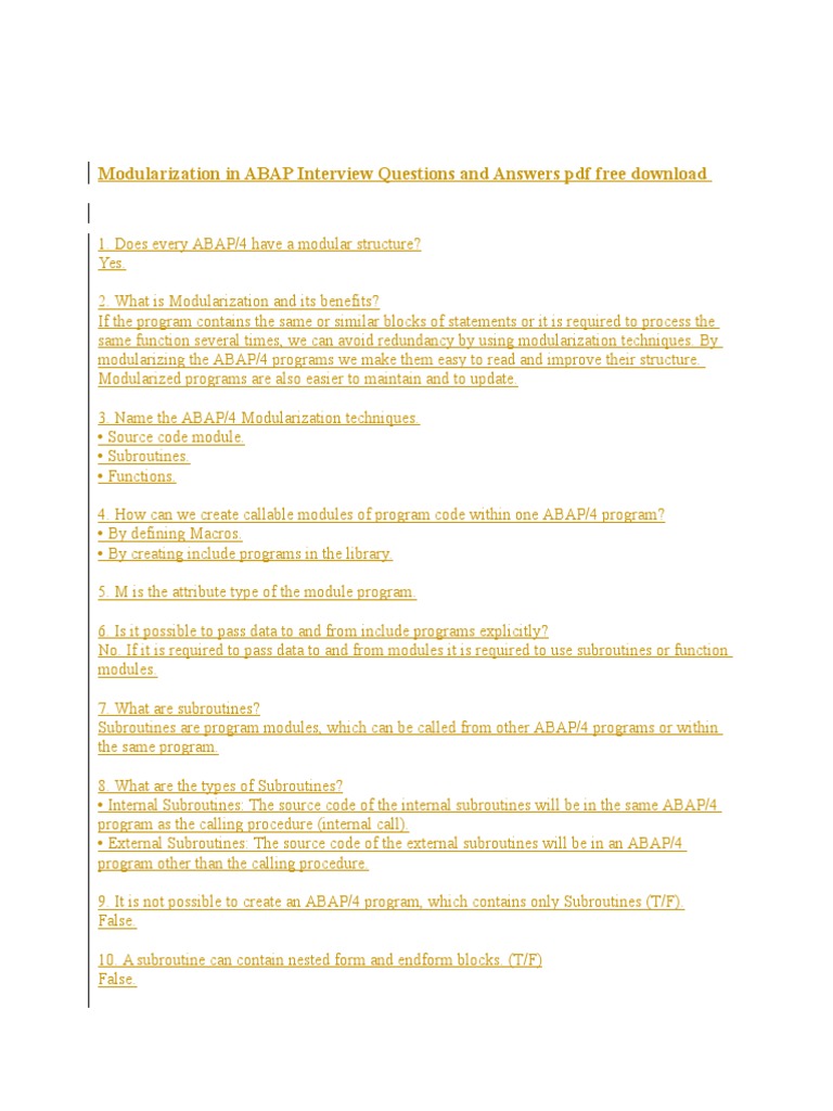 Modularization in ABAP Interview Questions and Answers PDF | Download ... Modularization in ABAP Interview Questions and Answers PDF | Download ...