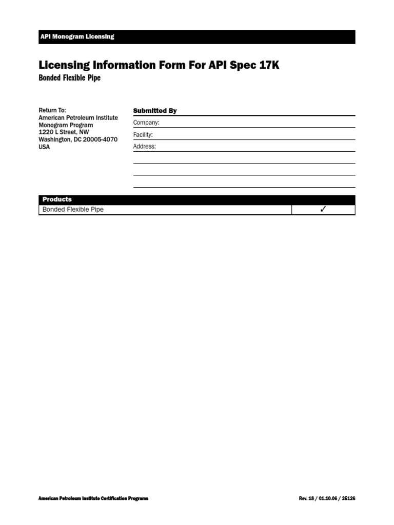 Licensing Information Form For API Spec 17K: Bonded Flexible Pipe | PDF