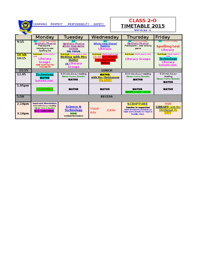 Class 2-O Timetable for Term 1 2015 | PDF | Career & Growth | Language ...