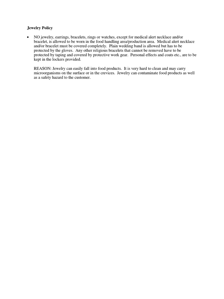 Food Handling Jewelry Policy | PDF