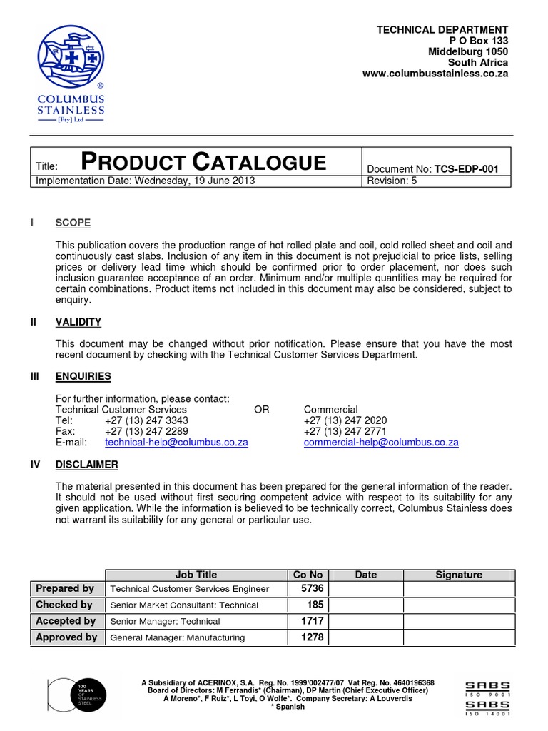 Columbus Stainless Product Catalogue | PDF | Rolling (Metalworking ...
