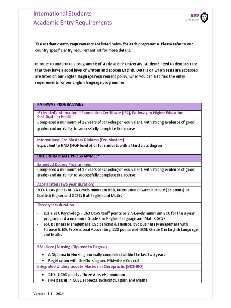 BPP University Entry Requirements for International Students | PDF ...