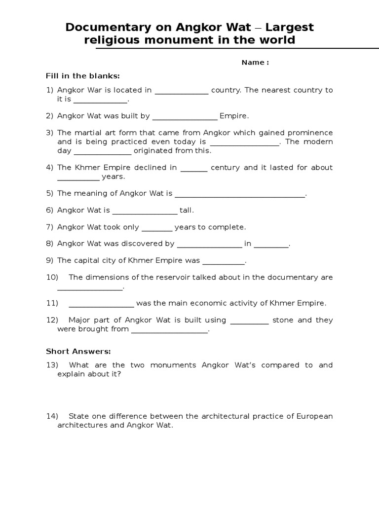 Angkor Wat - Questionnaire With Answers | PDF | Angkor | Angkor Wat