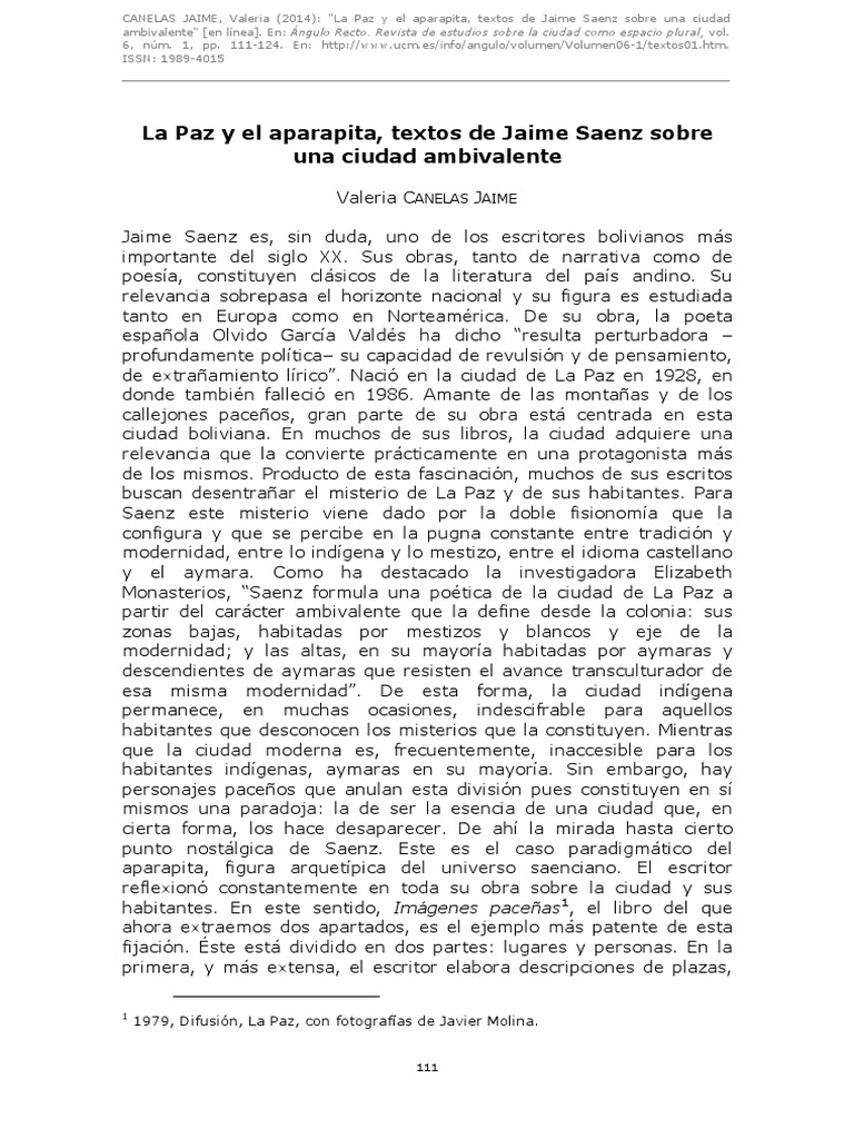 Análisis de los textos de Jaime Saenz sobre la ciudad ambivalente de La Paz y su habitante ...
