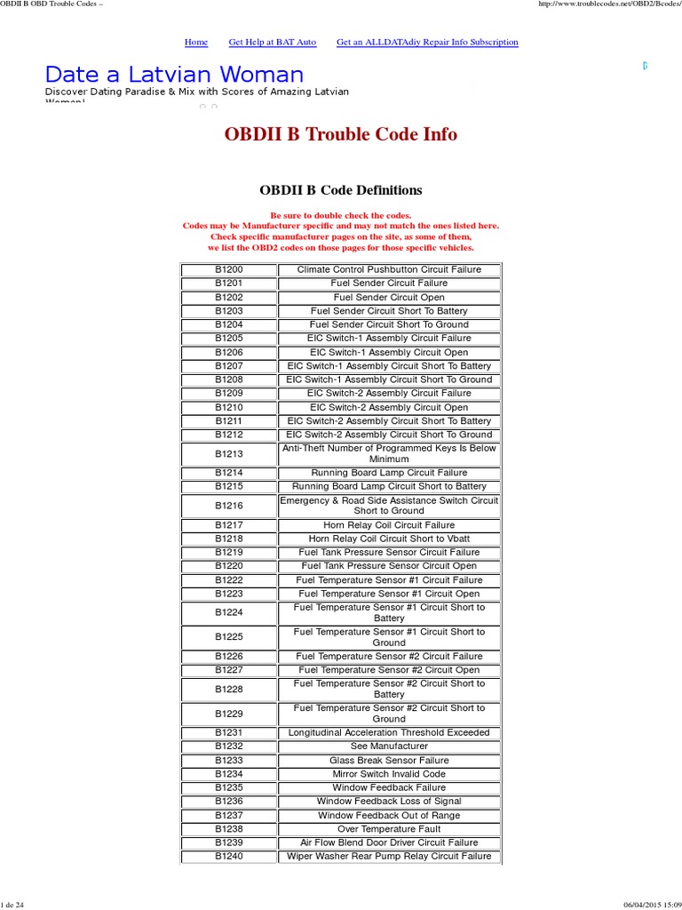 Comprehensive List of OBDII Trouble Codes for Various Electrical ...