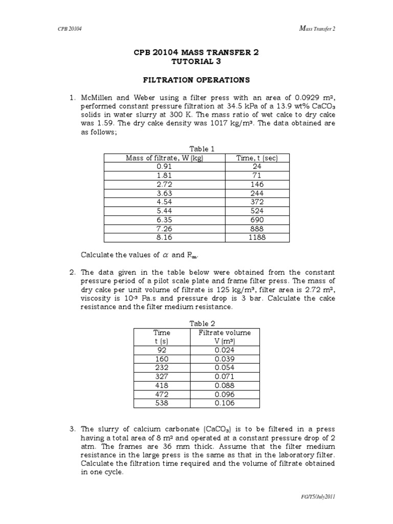 Tutorial 3 - Filtration | PDF | Filtration | Pressure