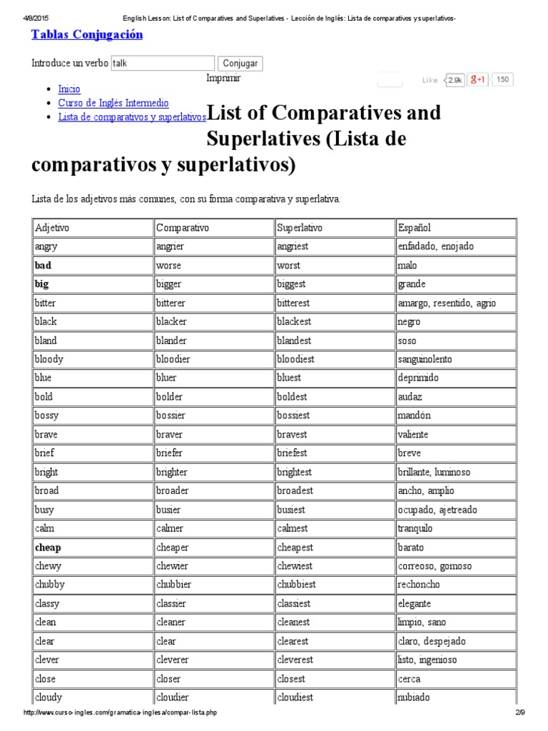 English Lesson - List of Comparatives and Superlatives - Lección de ...