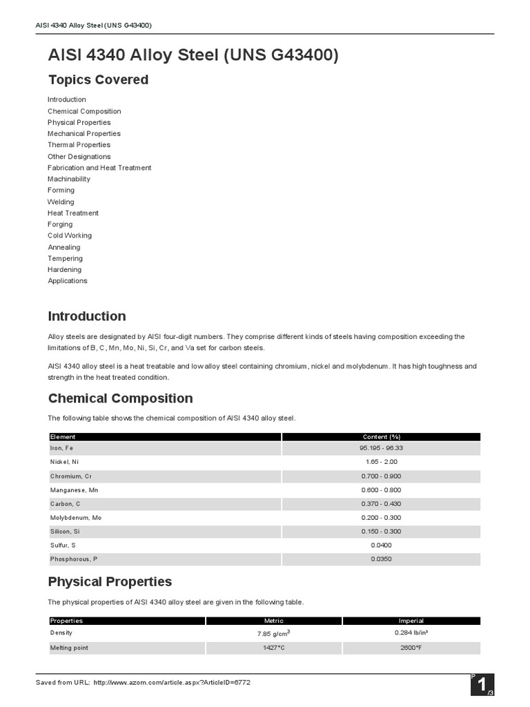 Aisi 4340 Alloy Steel (Uns g43400) | PDF | Heat Treating | Steel