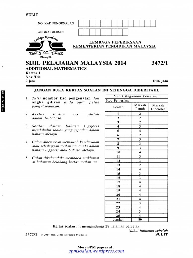 (Spmsoalan) Soalan SPM 2014 Matematik Tambahan Kertas 1 | PDF