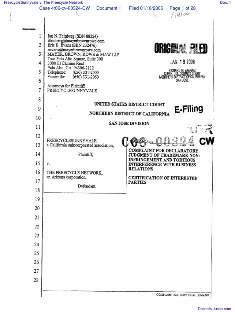 FreecycleSunnyvale v. The Freecycle Network - Document No. 1 | PDF