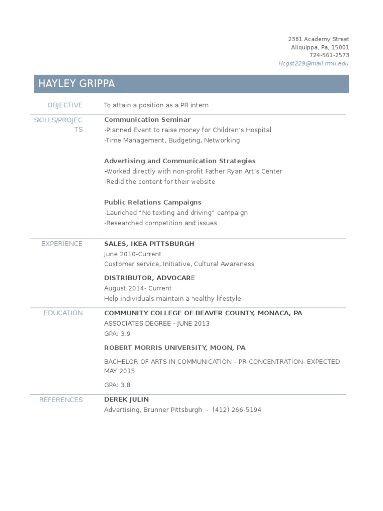 PR Intern Resume of Hayley Grippa | PDF