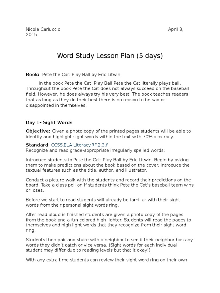 5-Day Word Study Lesson Plan | PDF | Vocabulary | Books
