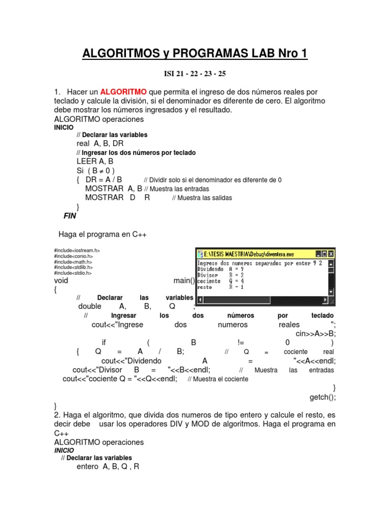 ALGORITMOS y PROGRAMAS LAB Nro 1 PDF | PDF | División (Matemáticas) | Puntero (Programación de ...