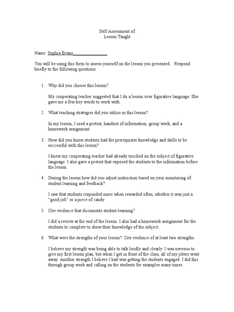 Self-Assessment of Educ 307 Lesson | PDF | Homework | Lesson Plan