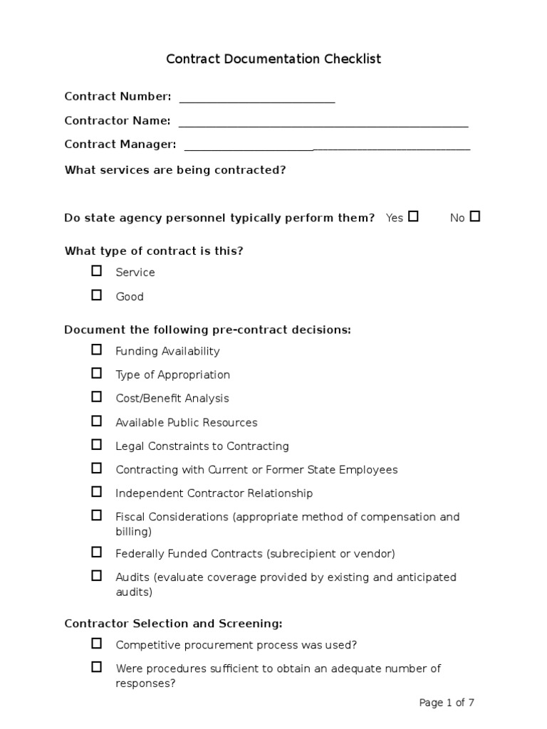 Contract Document Checklist | Audit | Independent Contractor