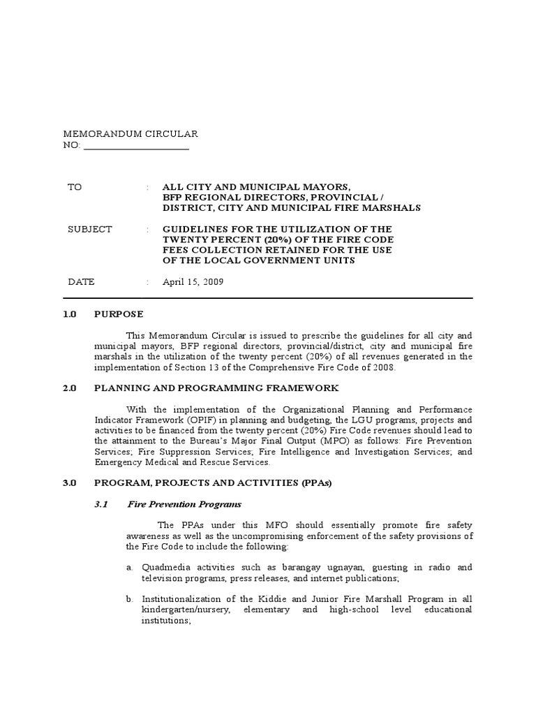 Memo-guidelines for 20% Fire Code Fees | Fire Safety | Public Safety