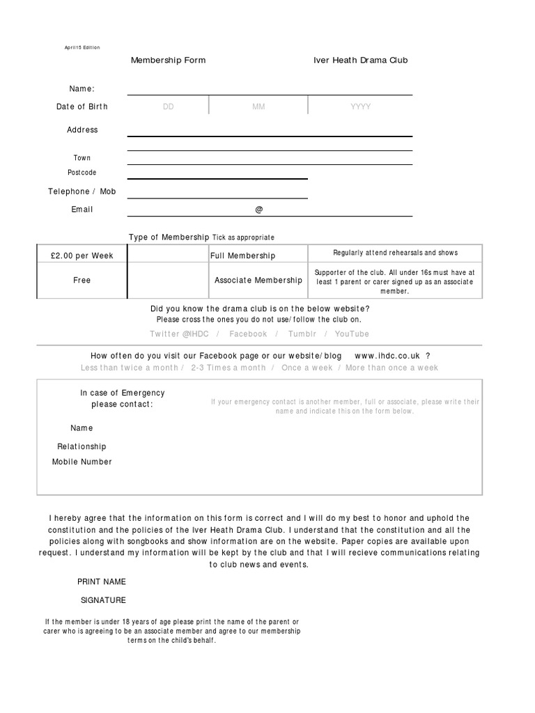 Iver Heath Drama Club Membership Form | PDF | Social Science
