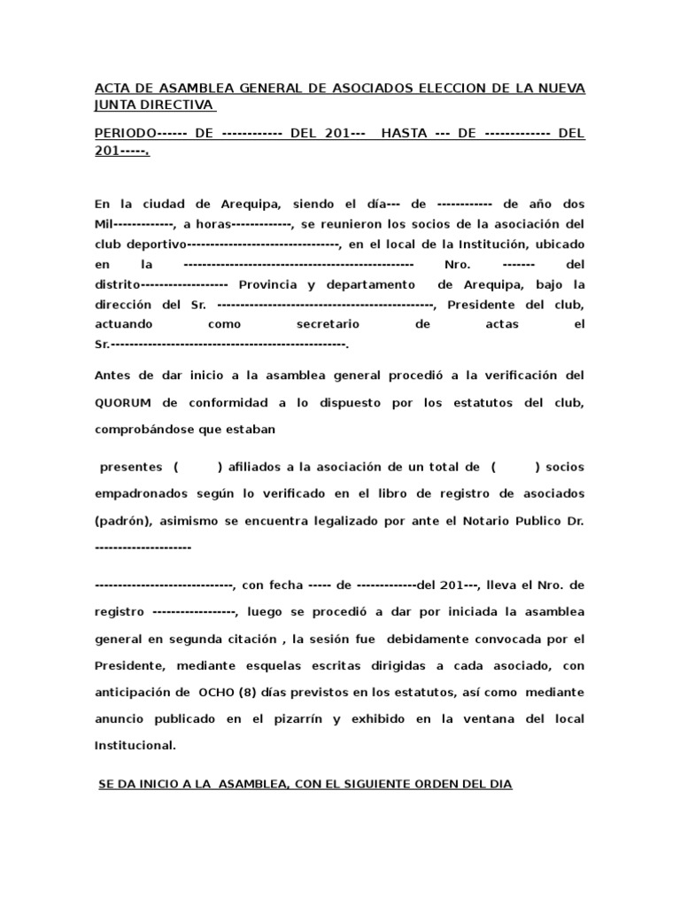 Acta de Asamblea General de Asociados Eleccion de La Nueva Junta Directiva | Votación | Gobierno