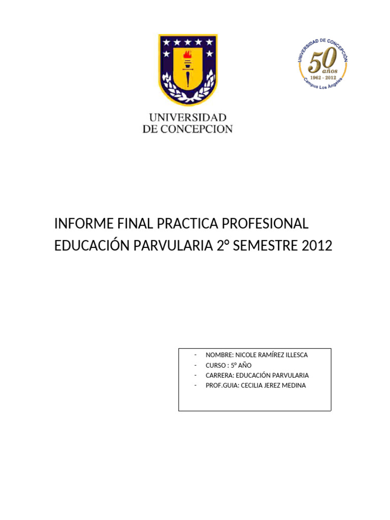 Informe Final Practica Profesional Educación Parvularia 2 | PDF | Plan de estudios | Aprendizaje