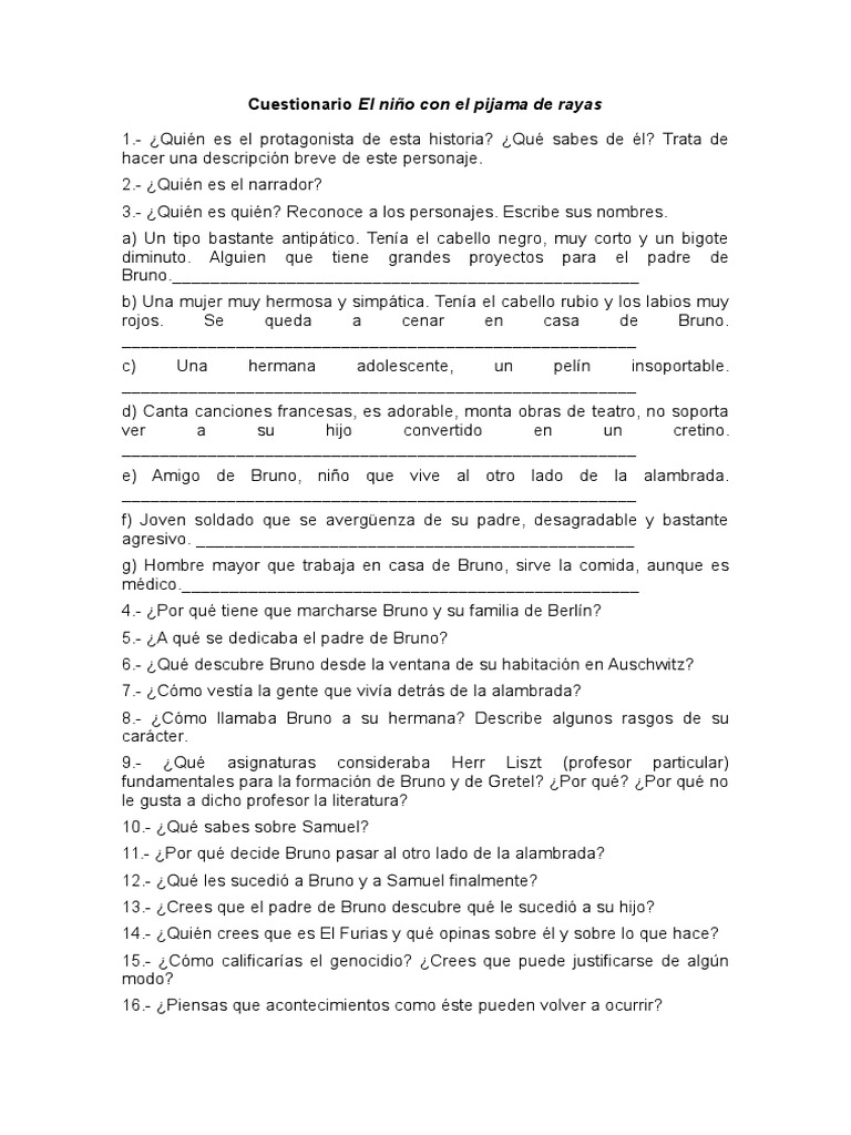 Cuestionario sobre "El niño con el pijama de rayas" | PDF | Novela ...