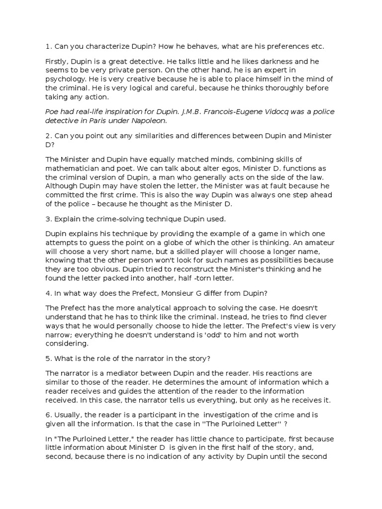 Poe-The Purloined Letter - Questions | PDF | C. Auguste Dupin | Psychology