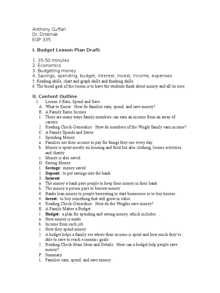 Budget Lesson Plan 11 | PDF | Lesson Plan | Banks