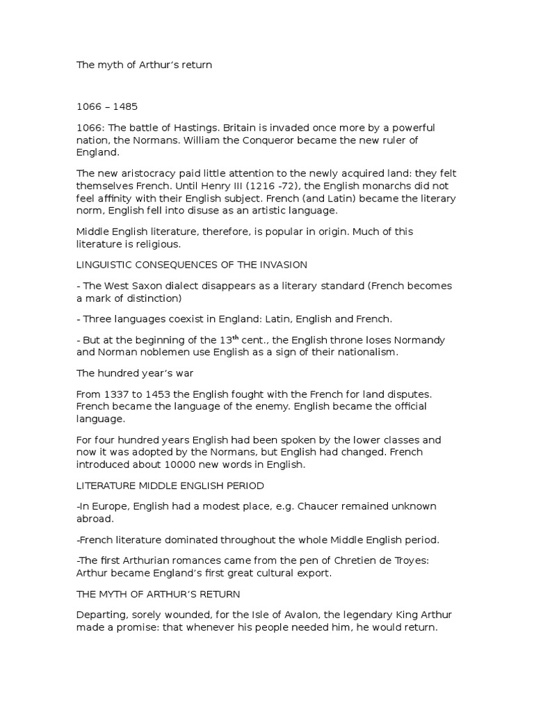 Arthurs Myth | King Arthur | Middle English Literature