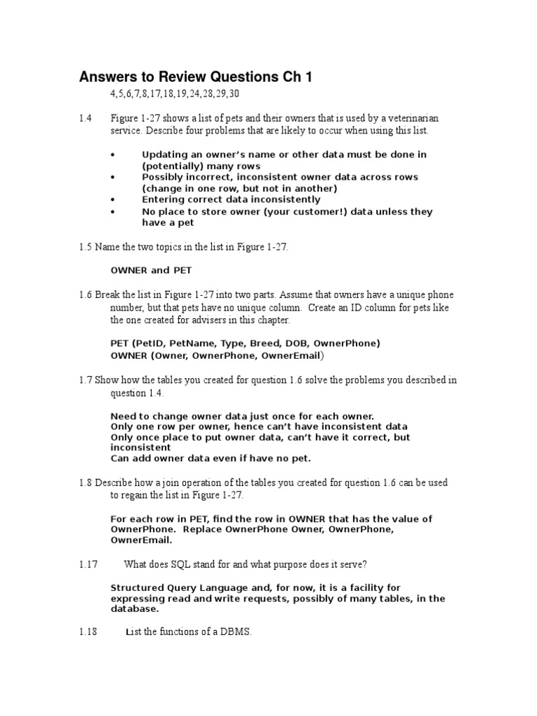 Ch.1 Review Questions & Answers | PDF | Sql | Databases