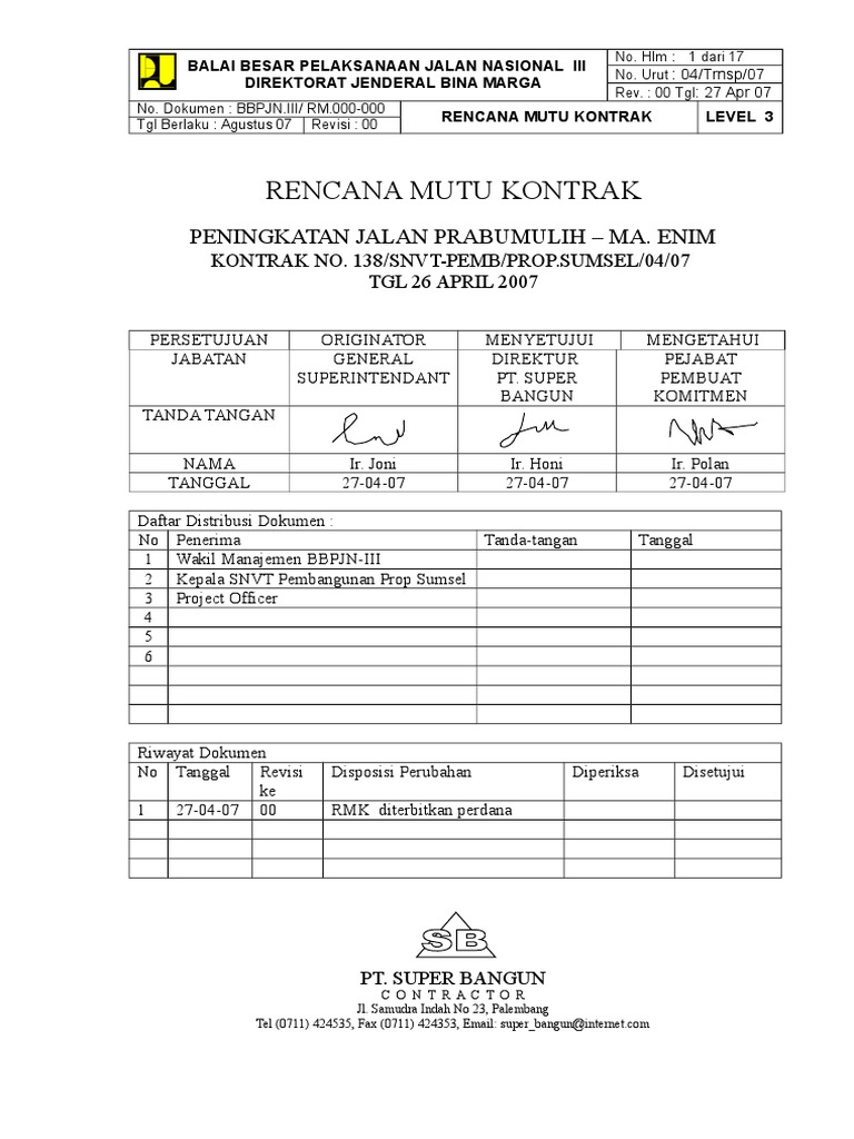 Rencana Mutu Kontrak Pembangunan Jalan | PDF