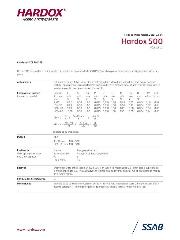 152 Hardox 500 ES Ficha Técnica | PDF | Industrias | Metalurgia