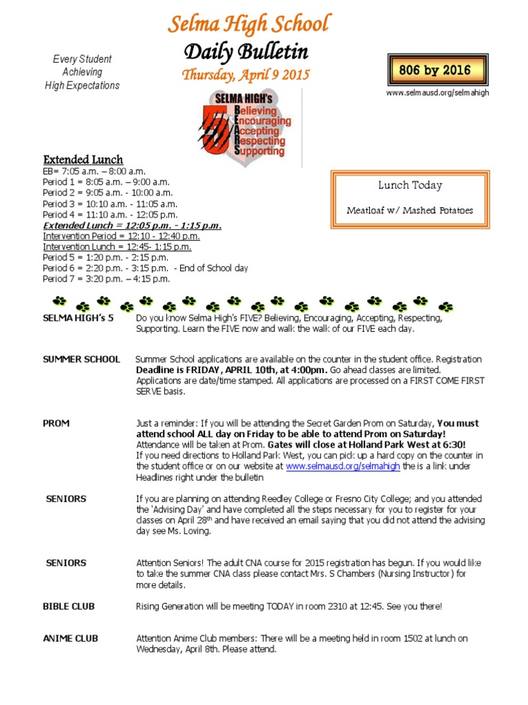 SHS Daily Bulletin 4-9-15 | PDF | Schools | Students