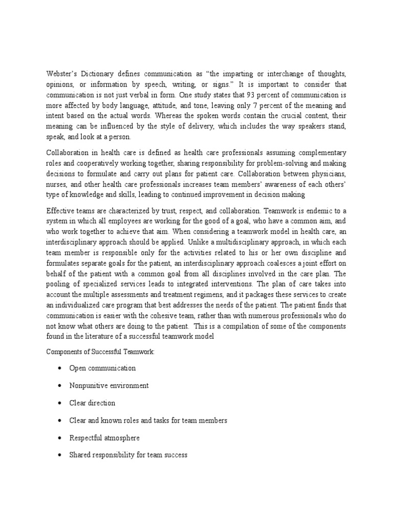 Components of Successful Teamwork | PDF | Cognition | Health Care
