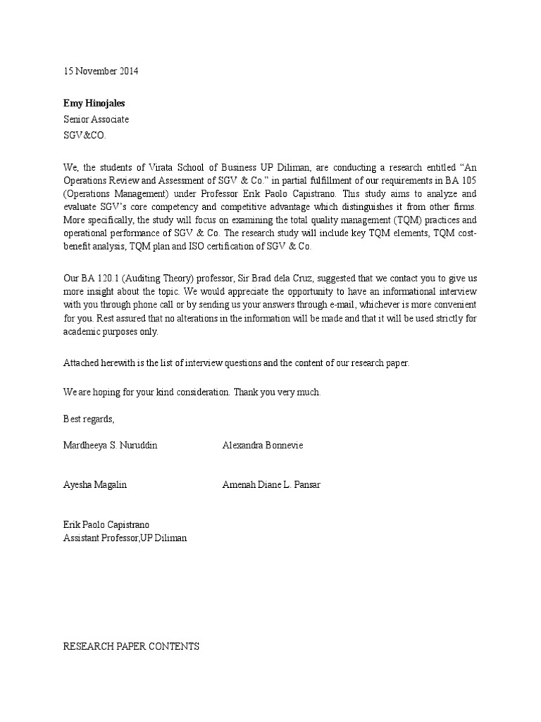 SGV Letter | Quality (Business) | Employment