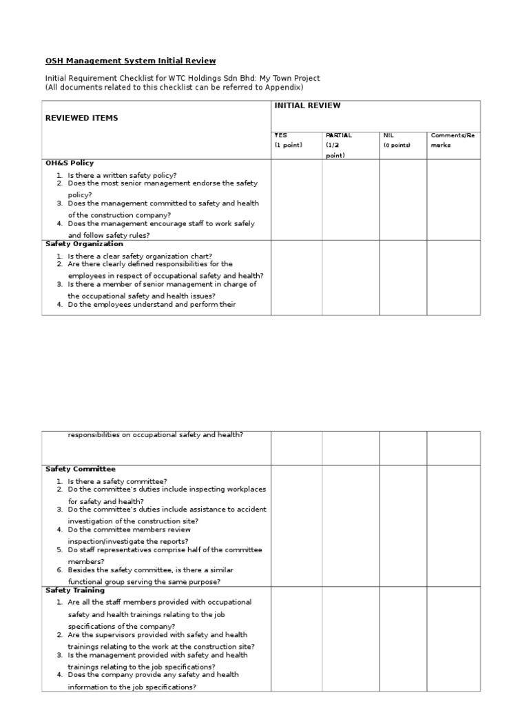 Initial Review Checklist | PDF | Occupational Safety And Health | Safety